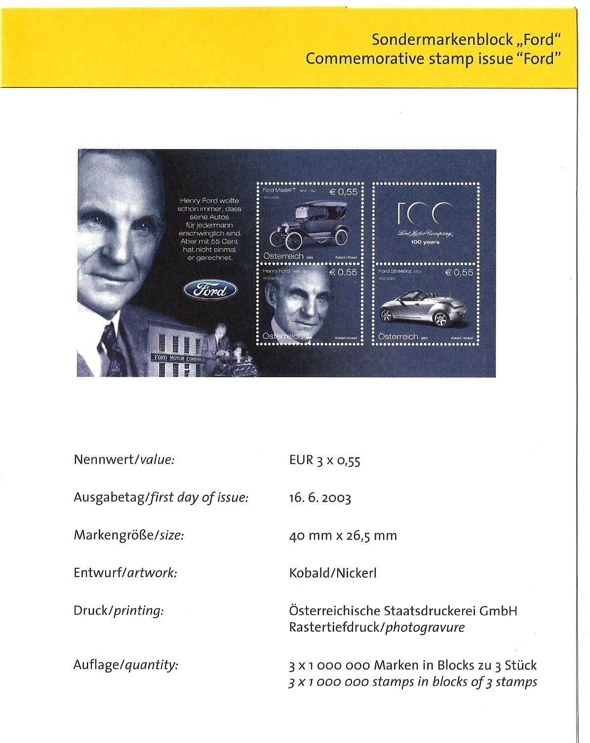100th Anniversary of Ford Cars -Stamps of Austria – 2003 – Stamp Digest