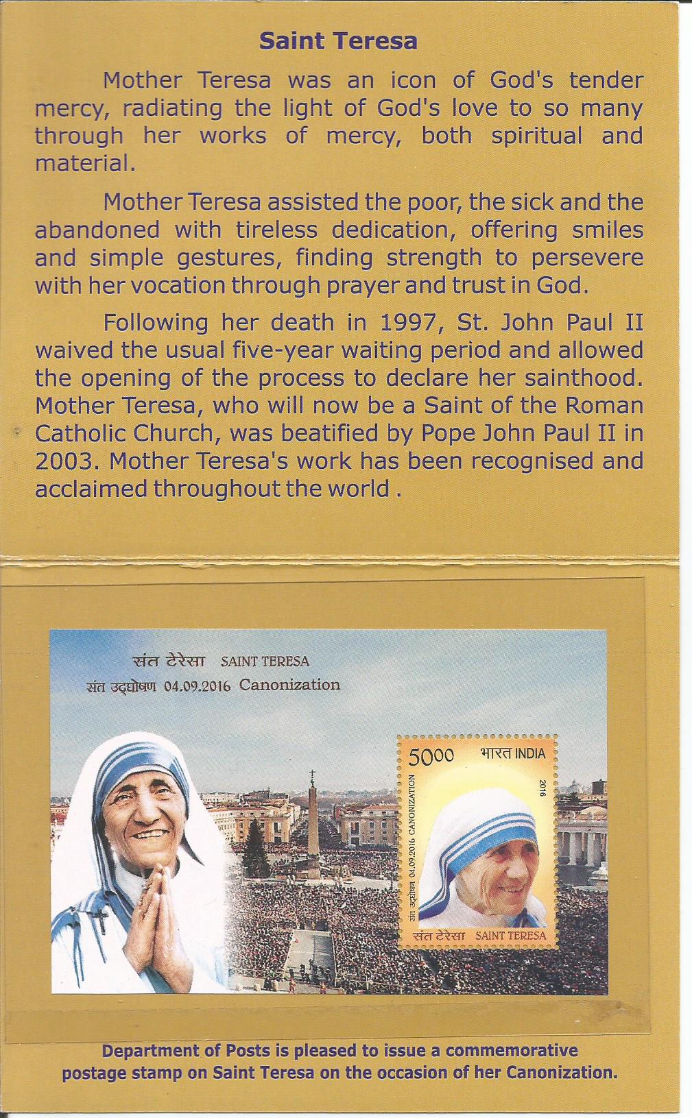 Booklet on Canonisation of Mother Teresa -India 2016 – Stamp Digest