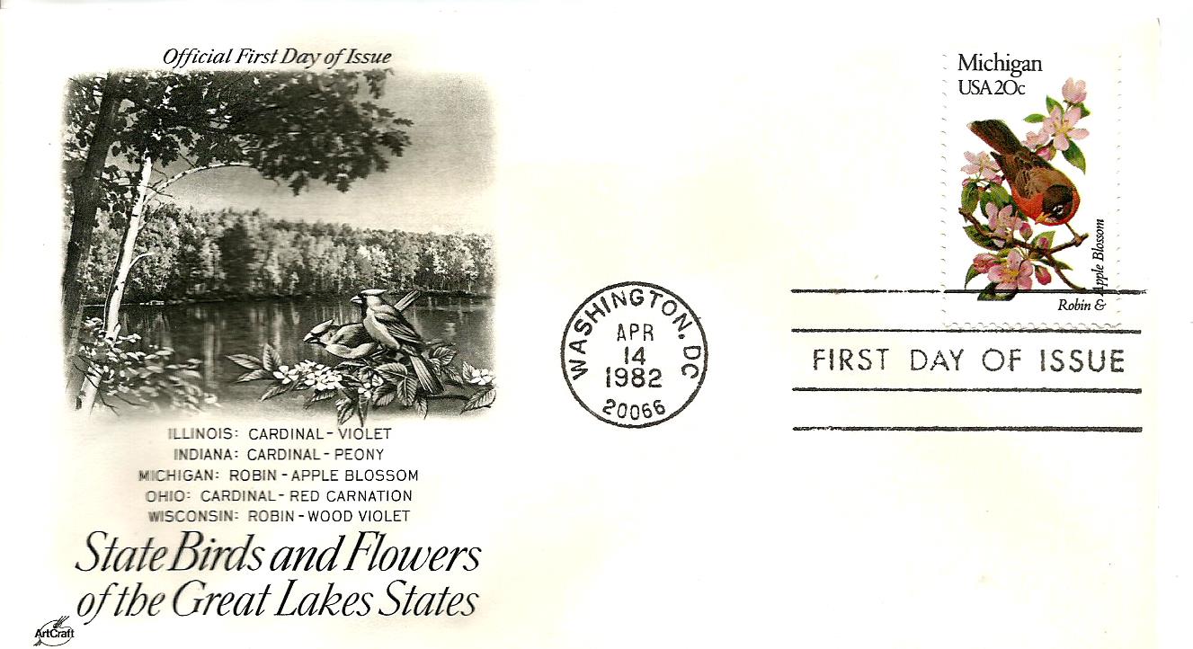 State Bird and Flowers of Michigan – USA 1982. – Stamp Digest