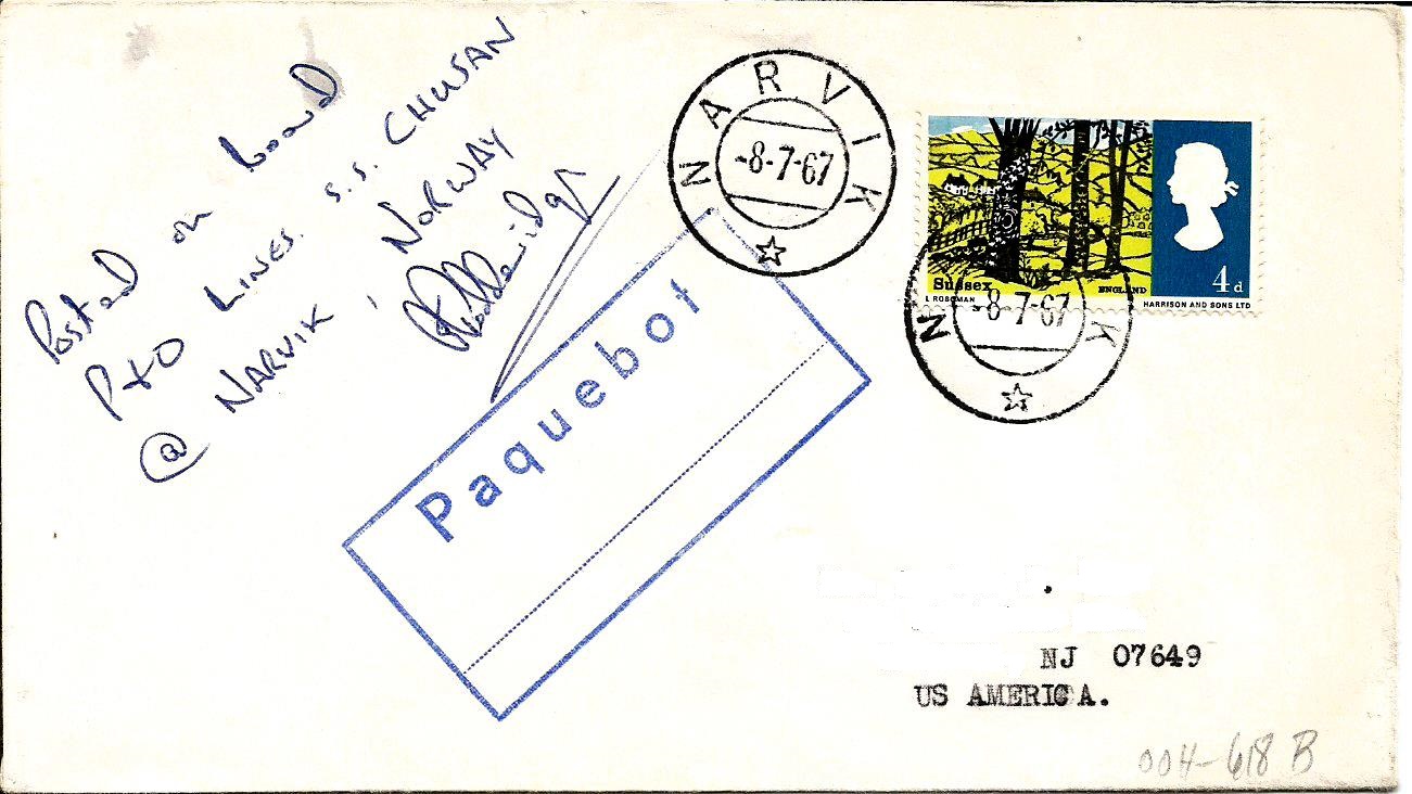 Paquebot Cover 1967 – SS Chusan -Narvik -USA – Stamp Digest